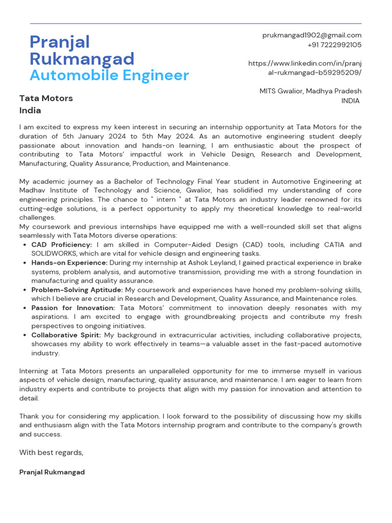 Tata Motors Cover Letter | PDF | Engineering | Innovation