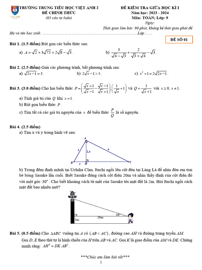 De Giua Hoc Ki 1 Toan 9 Nam 2023 2024 Truong Viet Anh 2 Binh Duong | PDF