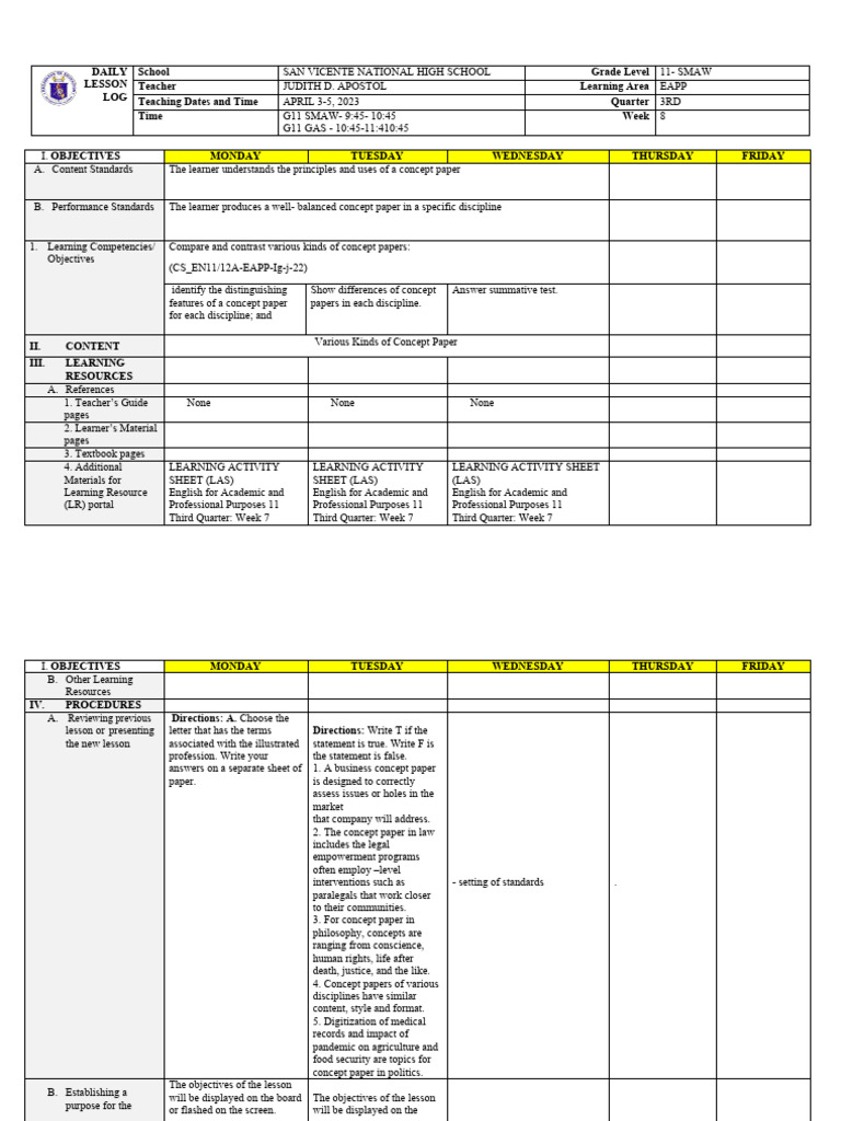 Eapp - Q3-Week8 - DLL | PDF | Learning | Teachers Eapp - Q3-Week8 - DLL | PDF | Learning | Teachers