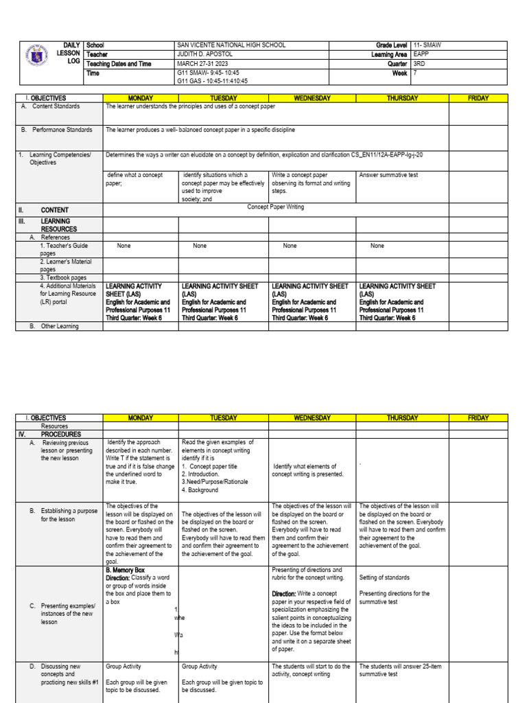 Eapp - Q3-Week6 - DLL | PDF | Learning | Teachers Eapp - Q3-Week6 - DLL | PDF | Learning | Teachers