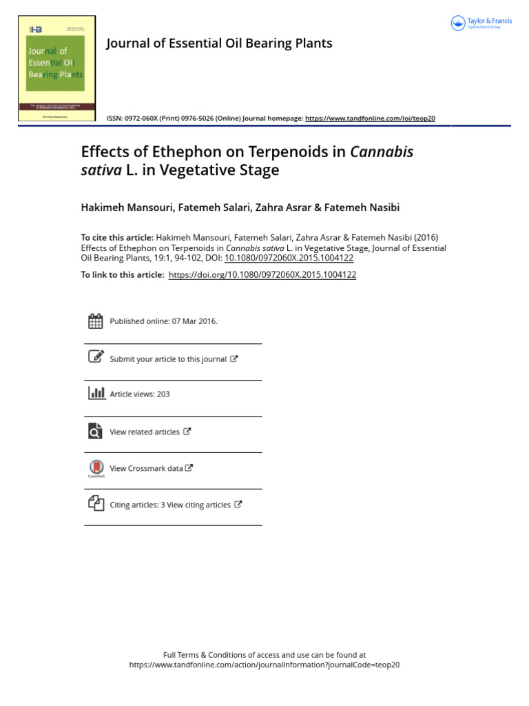 Effects Of Ethephon On Terpenoids In Cannabis Sativa L In Vegetative