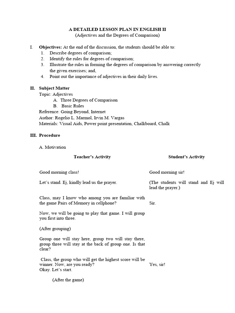 Lesson Plan in Degrees of Comparison | PDF | Adjective | Grammar