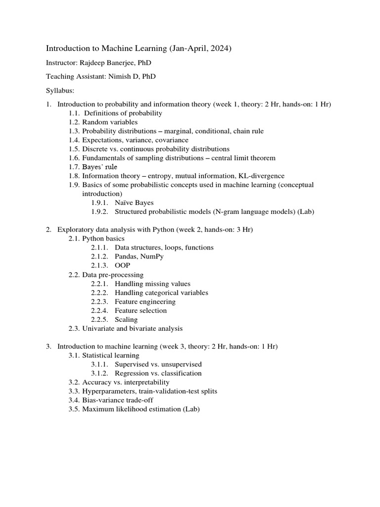 Syllabus - Introduction to Machine Learning (1) | PDF | Regression Analysis | Cluster Analysis
