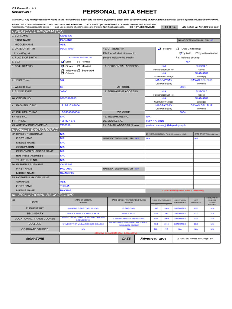 Personal Data Sheet | Download Free PDF | Crimes | Crime & Violence