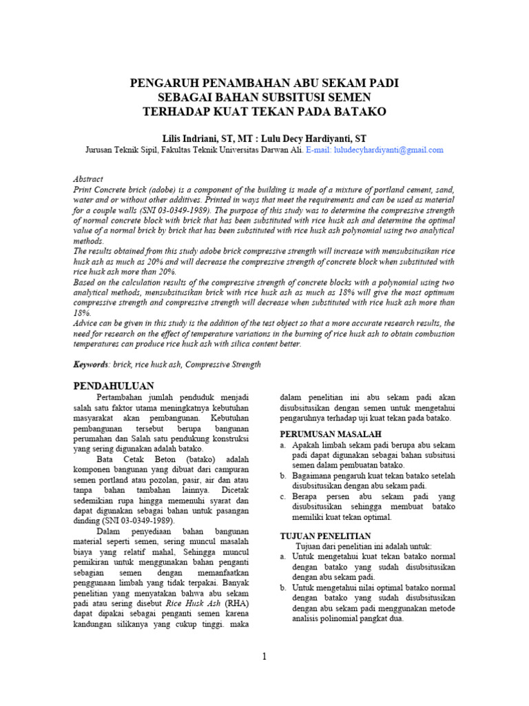Kuat Tekan Batako dengan Abu Sekam Padi | PDF