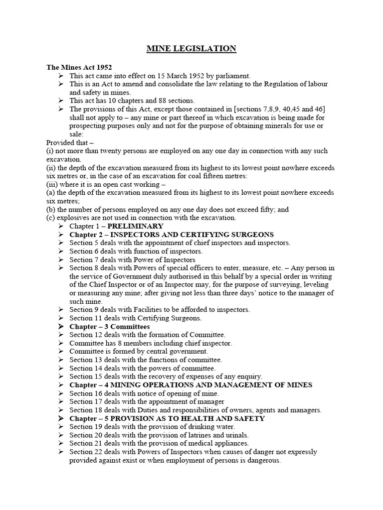 MINE LEGISLATION One Liner | PDF | Overtime | Employment
