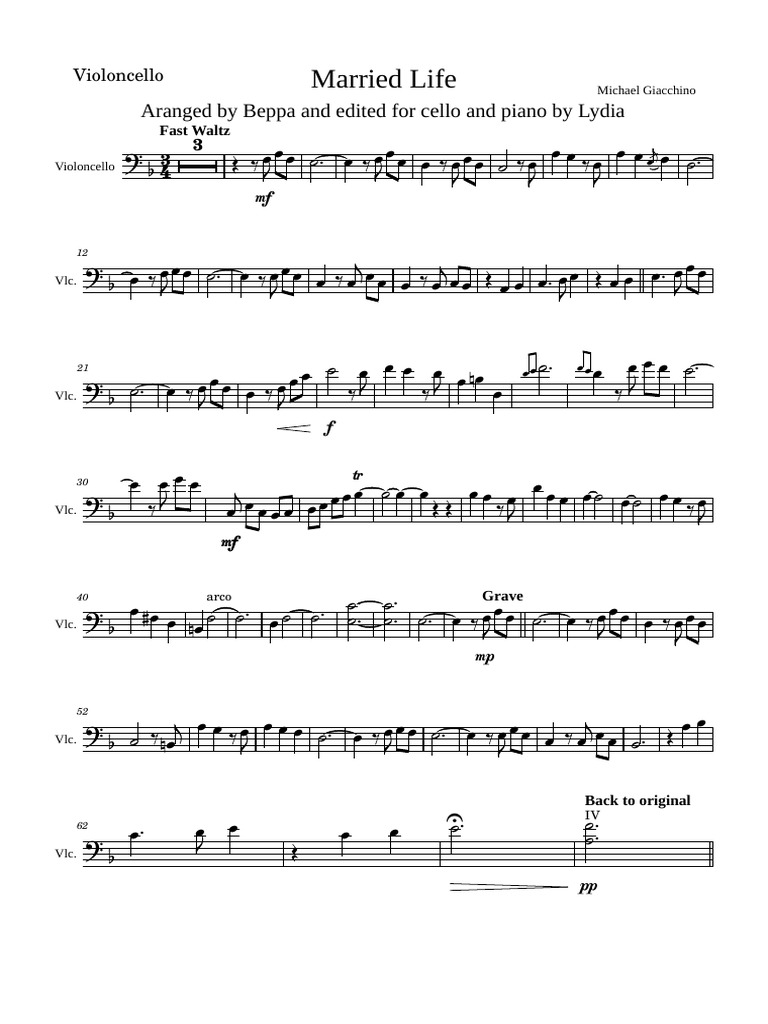 Married Life: Aranged by Beppa and Edited For Cello and Piano by Lydia ...