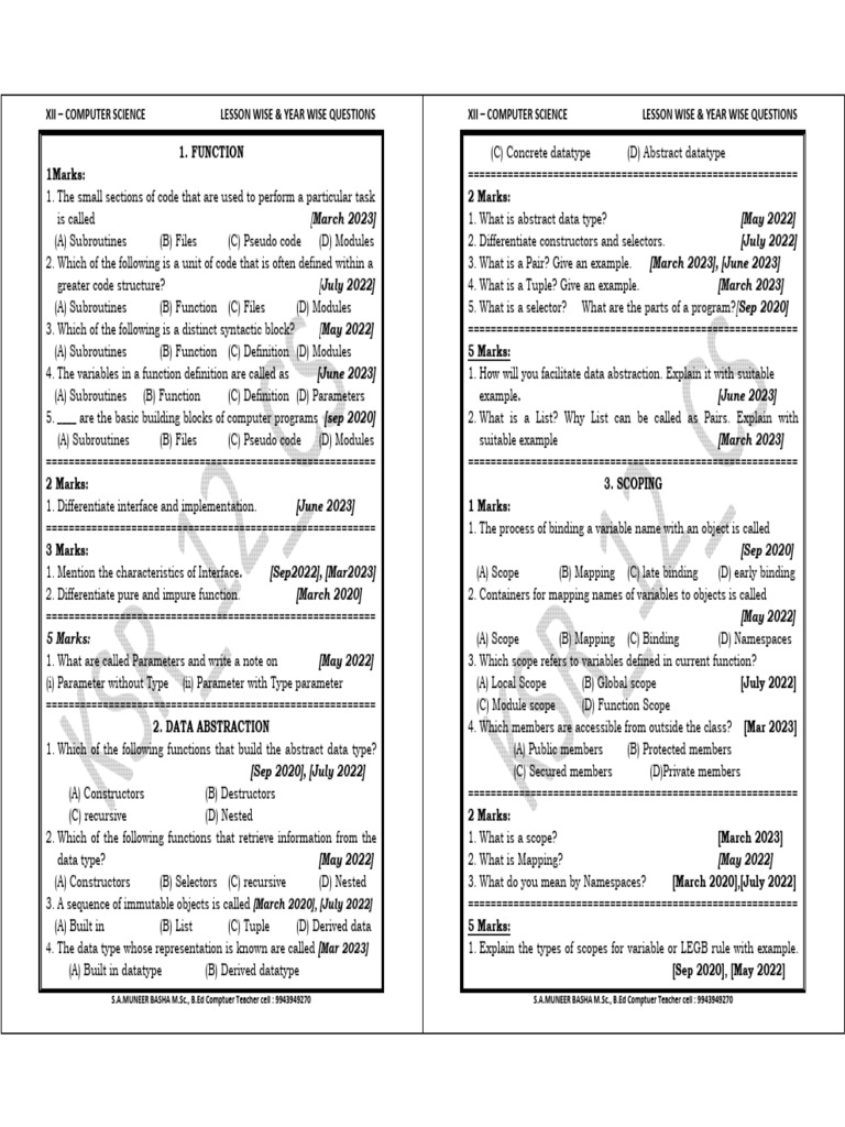 12 CS Lessonwise Yearwise PDF | PDF