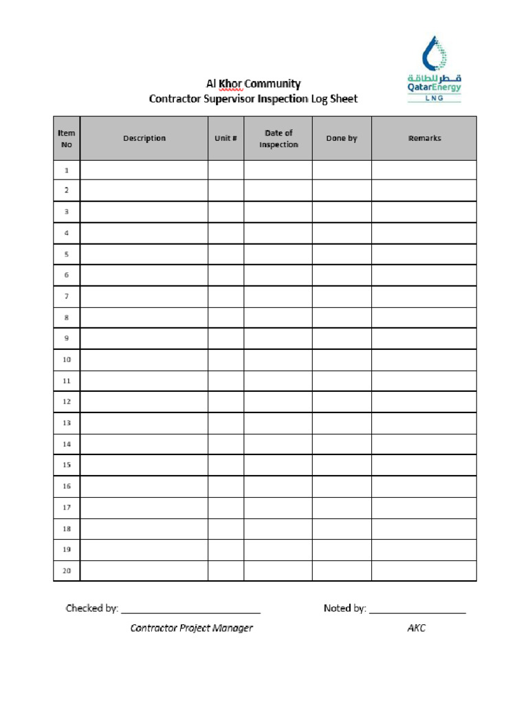 Contractor Supervisor Inspection Log Sheet | PDF