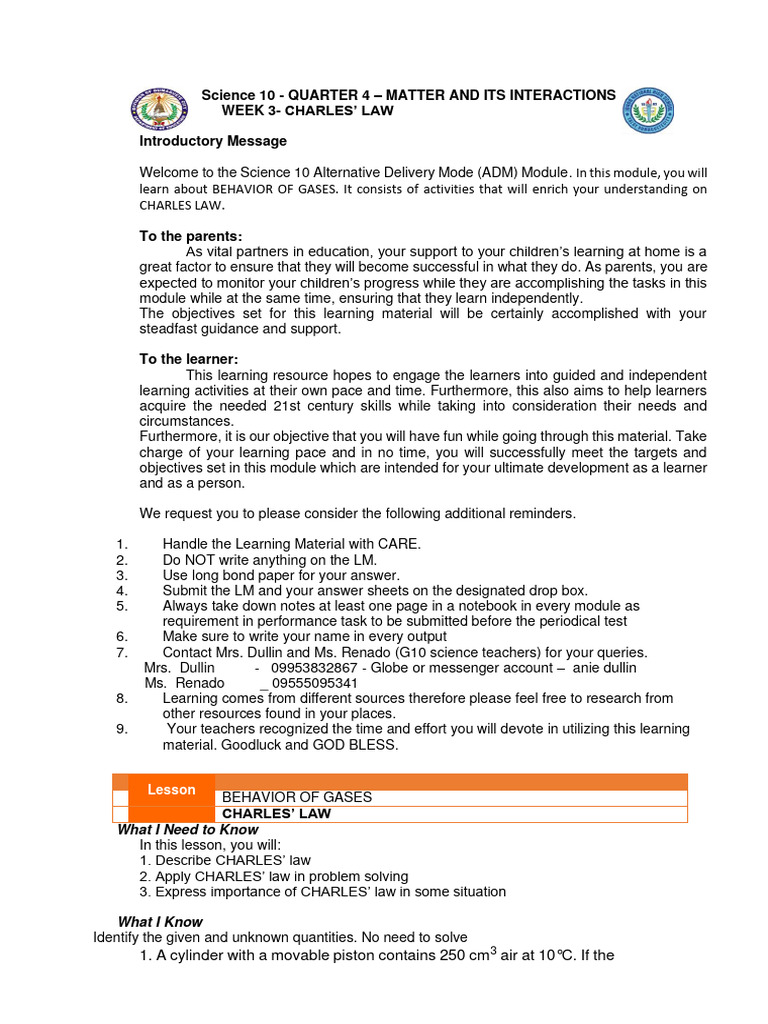 Science 10 QUARTER 4 WEEK 3 | PDF | Gases | Temperature