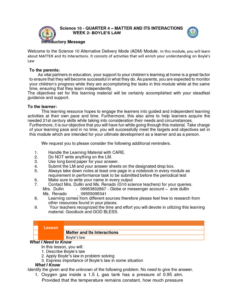 Science 10: Understanding Boyle's Law | PDF | Gases | Physical Sciences