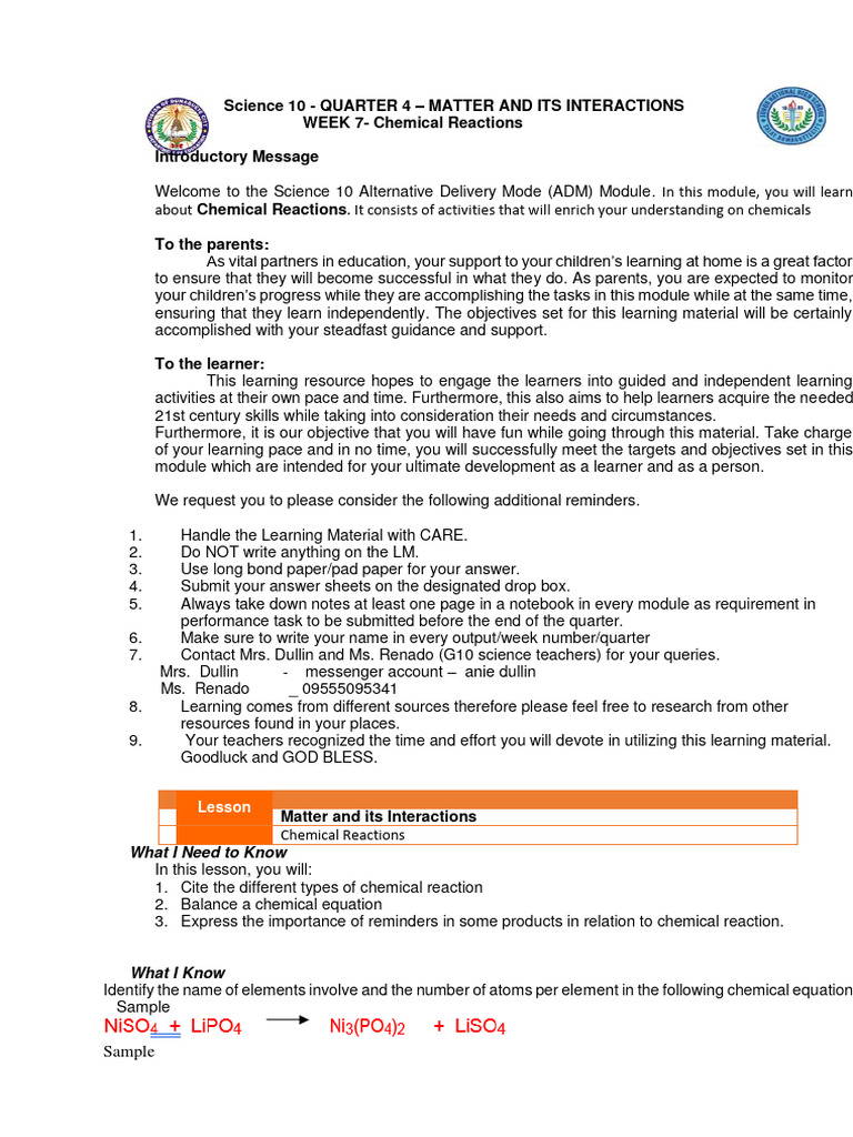 Science 10 Quarter 4 Week 7 | PDF | Chemical Reactions | Chemical Compounds