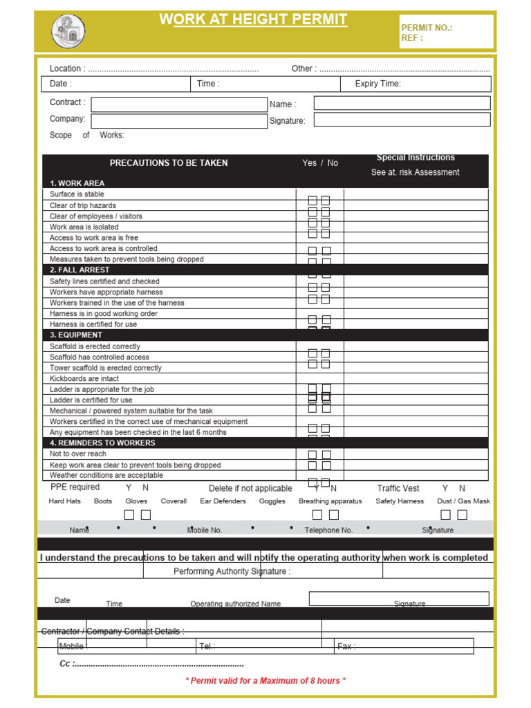Work at Height Permit | PDF | Personal Protective Equipment | Labor ...
