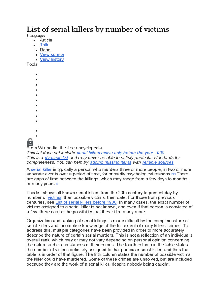 List of Serial Killers by Number of Victims | Download Free PDF ...