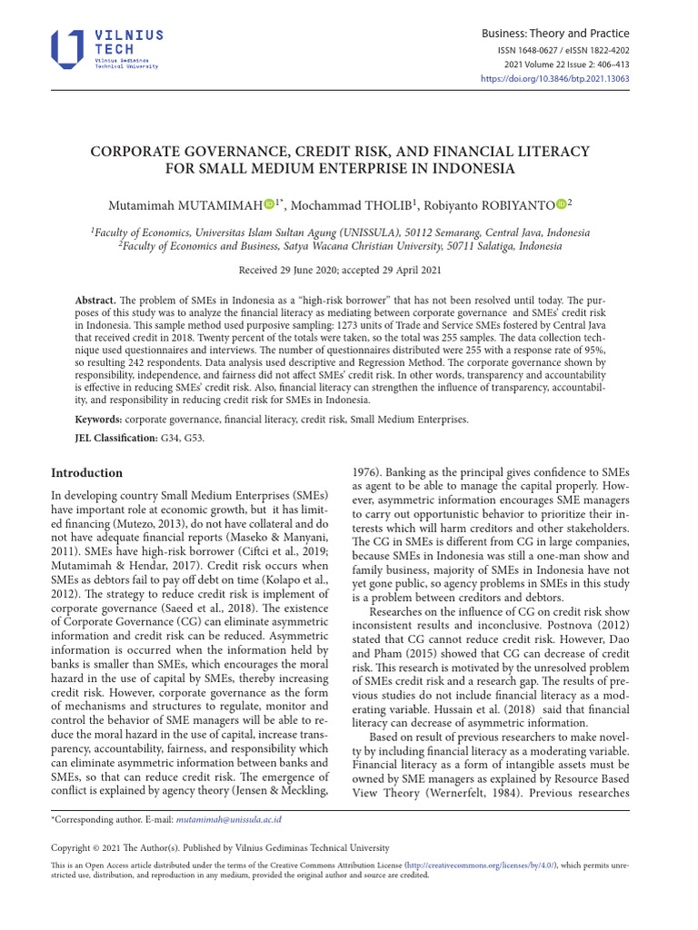 Corporate Governance, Credit Risk, and Financial Literacy | PDF | Small ...