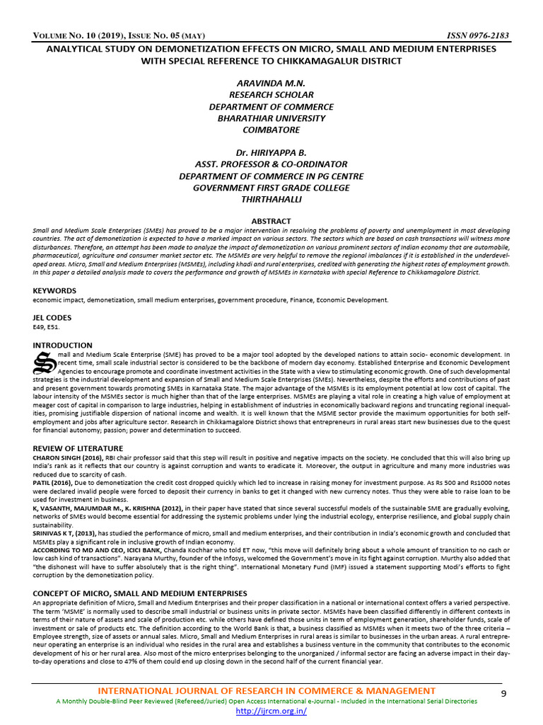 Analytical Study On Demonetization Effects On Micro, Small and Medium ...