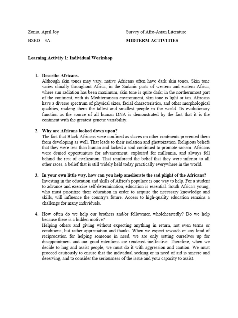 Afro-Asian Lit. Activities (Midterm) | PDF | African Literature