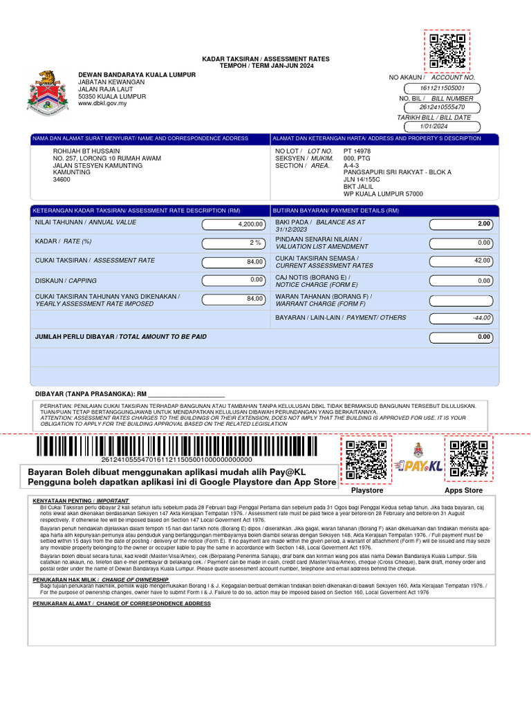 Kadar Taksiran / Assessment Rates Dewan Bandaraya Kuala Lumpur Tempoh ...