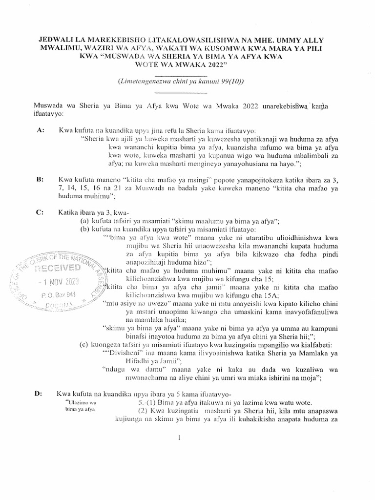 Jedwali La Marekebisho Ya Sheria Ya Bima Ya Afya Kwa Wote | PDF