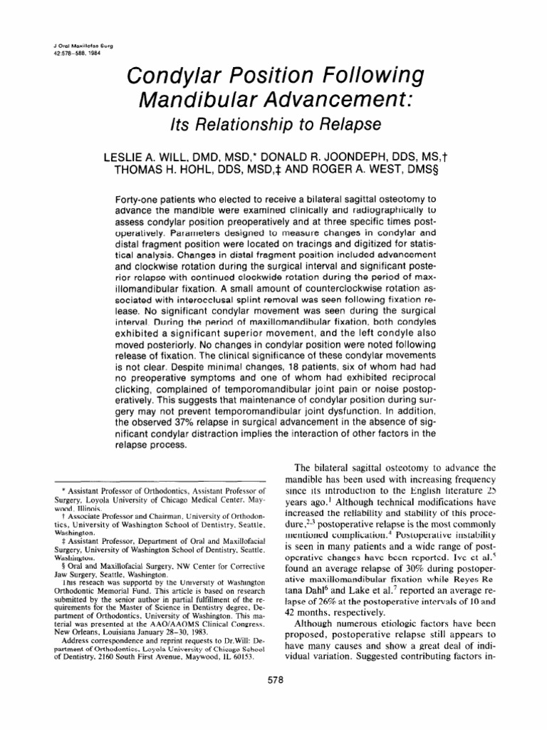 Condylar Position Following Mandibular Advancement:: Its Relationship ...