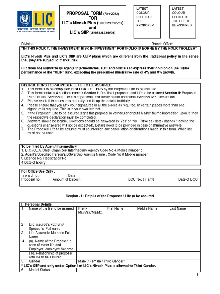 LIC Nivesh Plus & SIIP Proposal Form | PDF | Insurance | Life Insurance