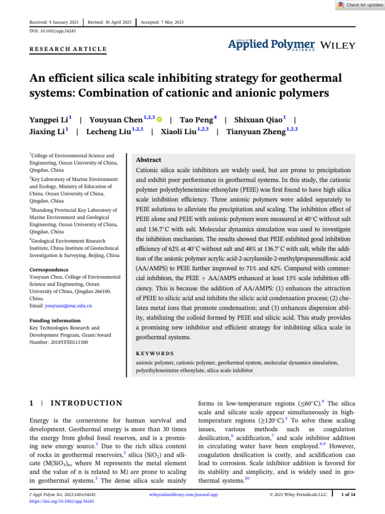 Silica Scale Inhibition in Geothermal Systems | PDF | Infrared ...
