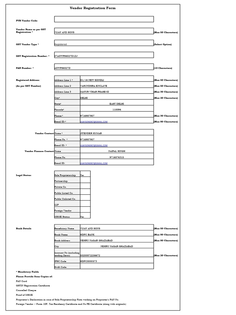 VENDOR Registration Form | PDF | Sole Proprietorship | Economies