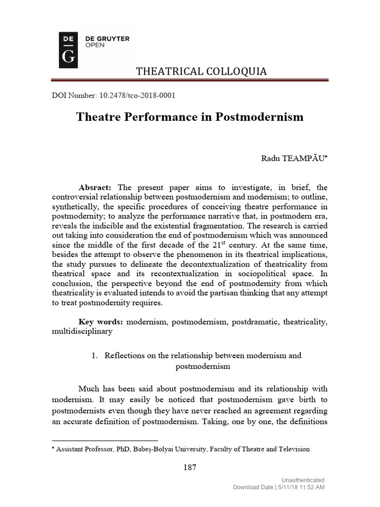 Theatre Performance in Postmodernism | PDF | Postmodernism | Modernism