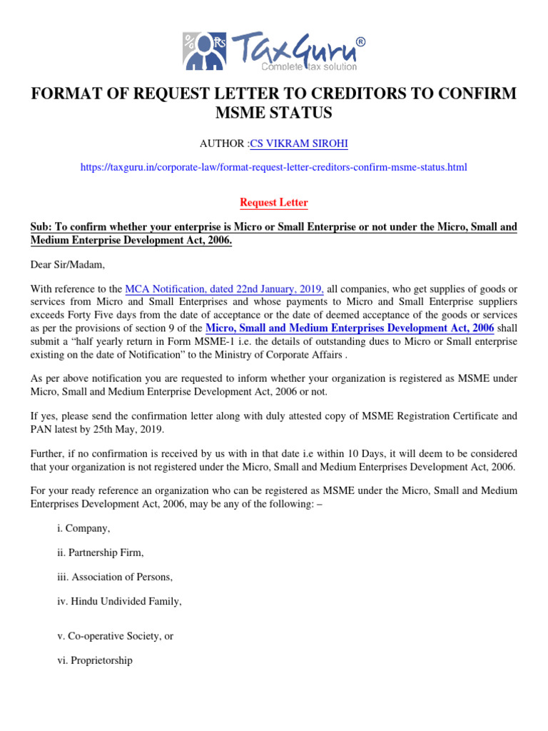 Format of Request Letter To Creditors To Confirm MSME Status - Taxguru ...