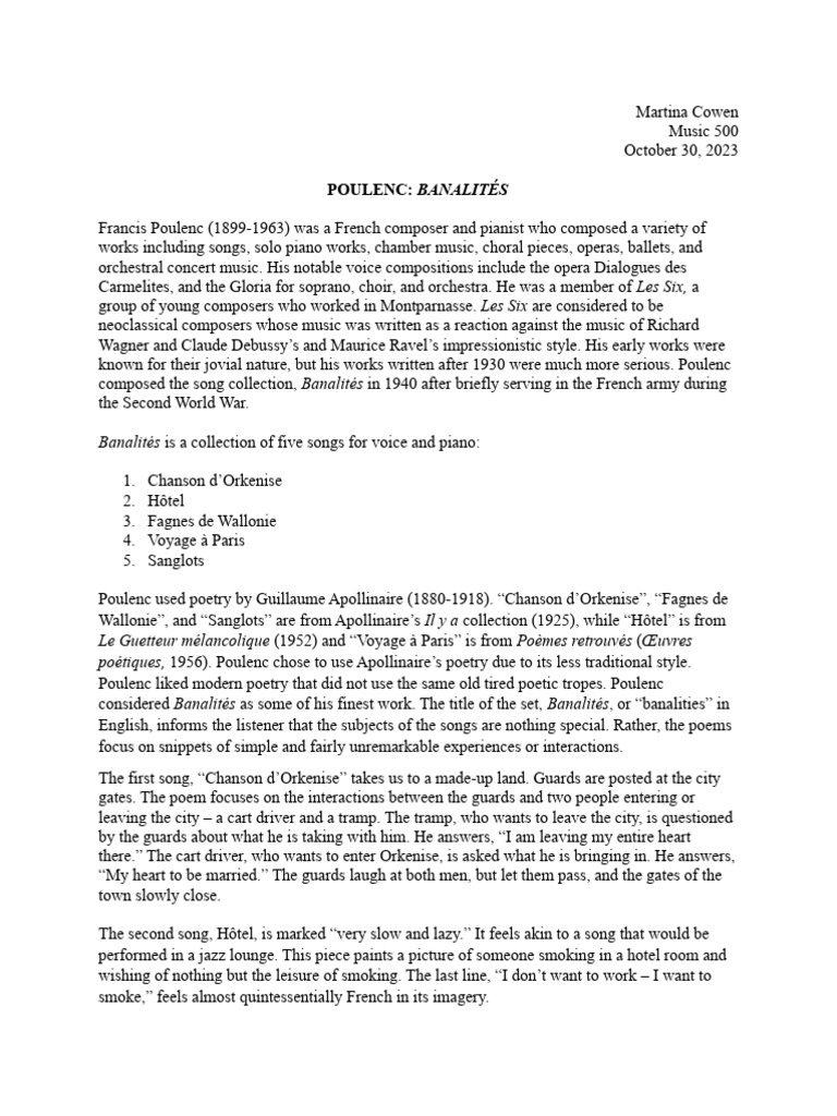 Poulenc Banalites Program Notes | PDF | Performing Arts | Classical Music
