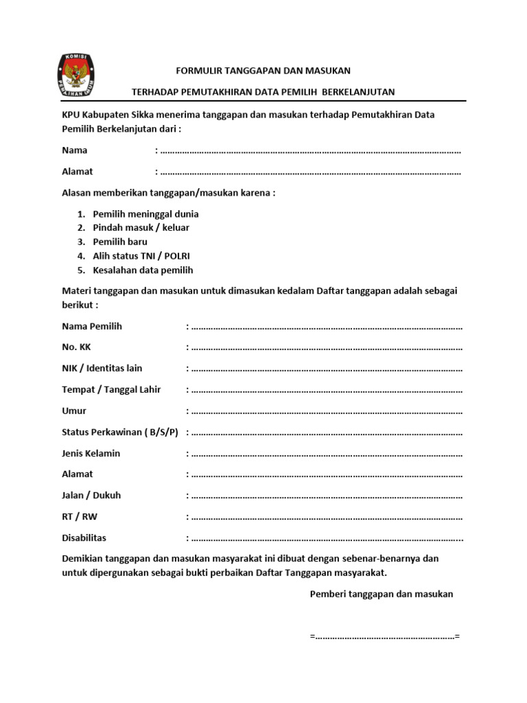 Formulir Masukan Pemutakhiran Data | PDF