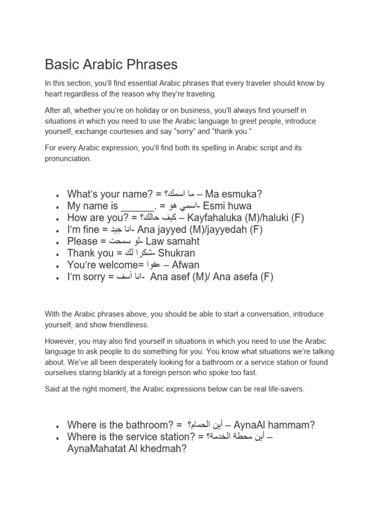 Basic Arabic Phrases | Download Free PDF | Communication | Linguistics