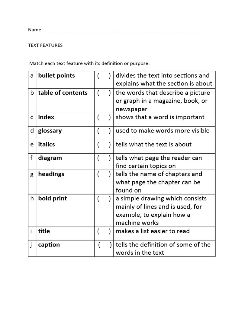TEXT FEATURES-matching-activity | PDF | Books | Written Communication
