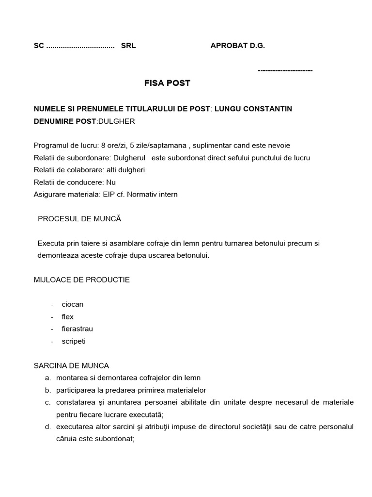 Fisa Post-Dulgher | PDF