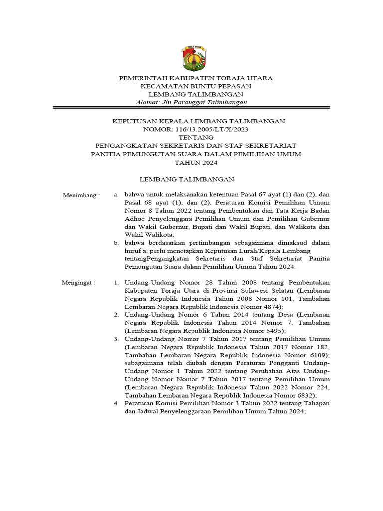 Pengangkatan Sekretaris PPS 2024 | PDF