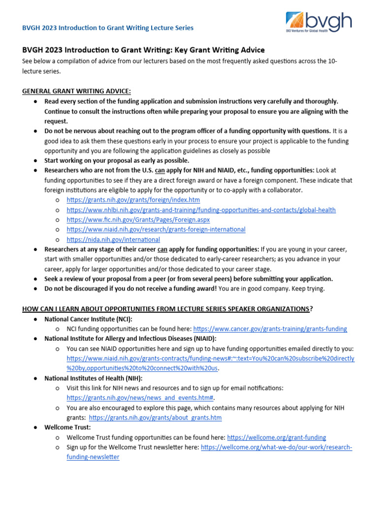 BVGH 2023 Introduction To Grant Writing Lecture Series - Key Grant ...