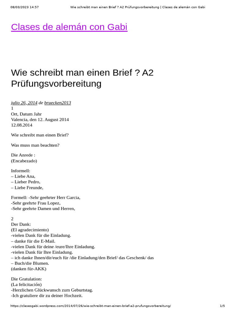 Wie Schreibt Man Einen Brief - A2 Prüfungsvorbereitung - Clases de ...