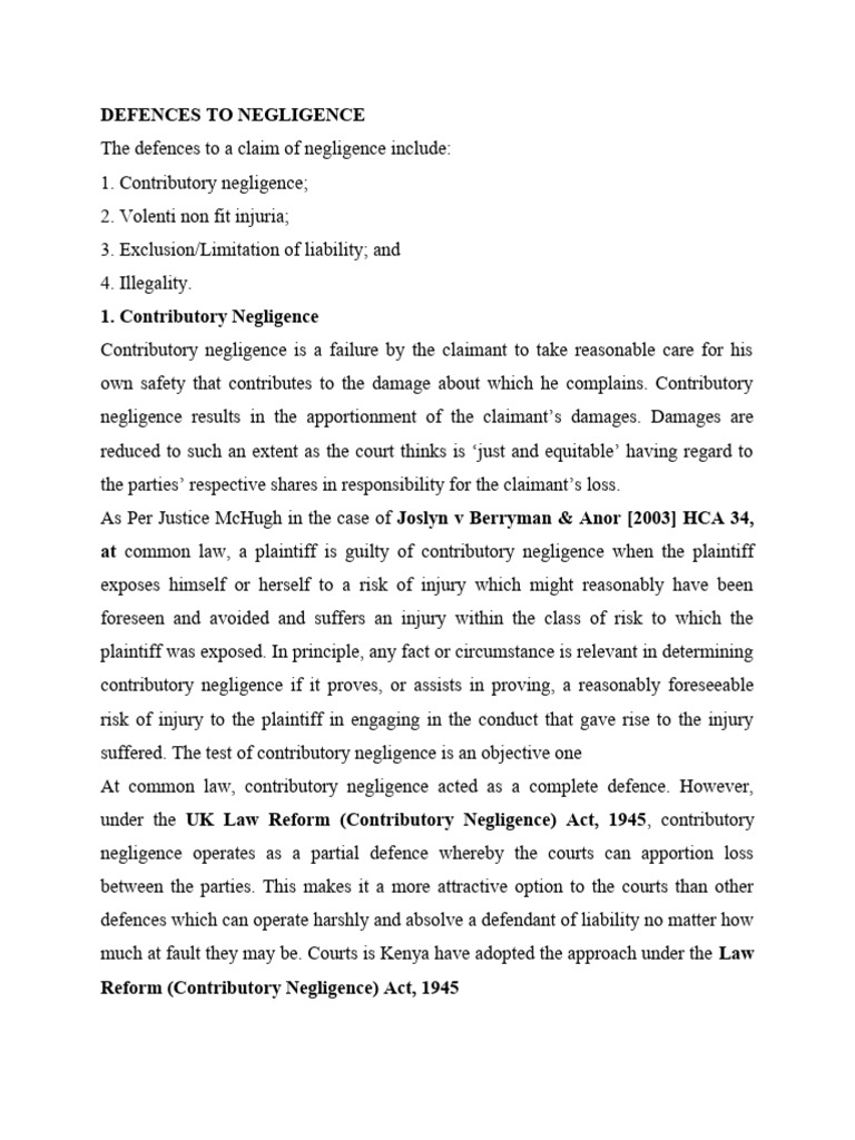Defences To Negligence | Download Free PDF | Negligence | Contributory Negligence