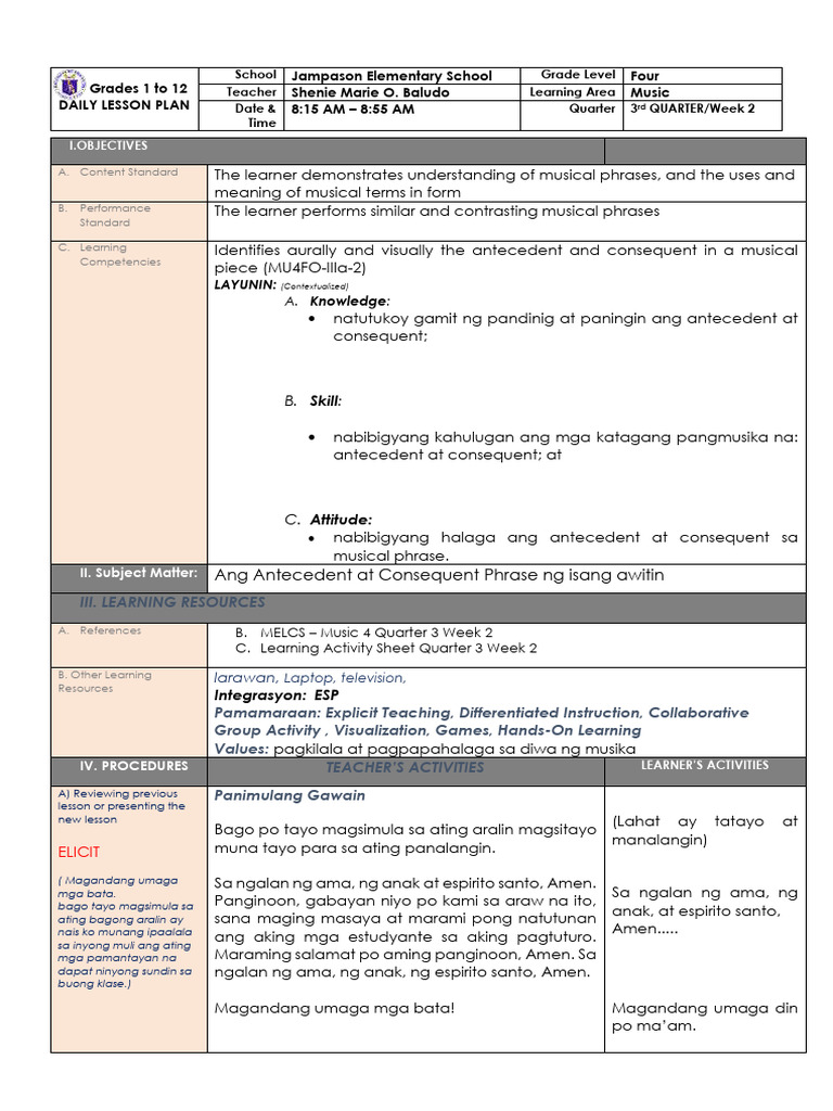 Grade 4 Music Week 2 Lesson Plan | PDF