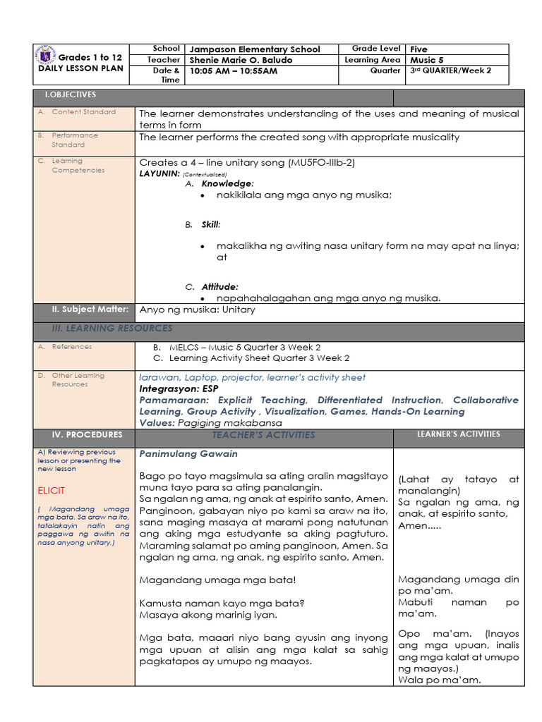 Checked Grade 5 Music Week 2 Lesson Plan | PDF