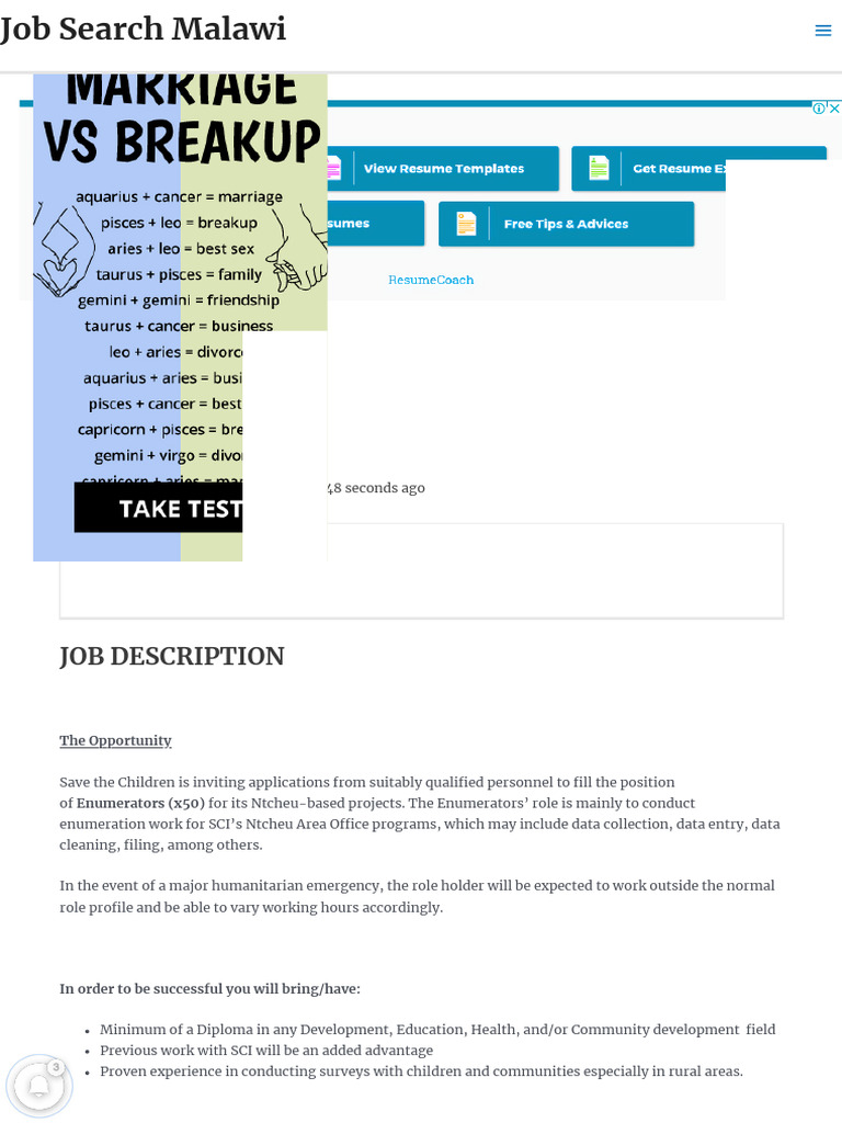 Enumerators (x50) - Job Search Malawi | PDF | Salary | Child Protection