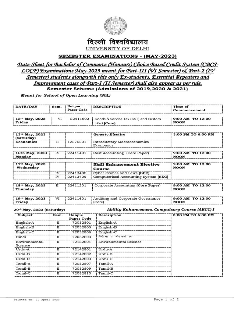 BCOM (Hons) - 2022-Sem - II-IV-VI (CBCS) - 10-04-2023 | PDF | Course ...