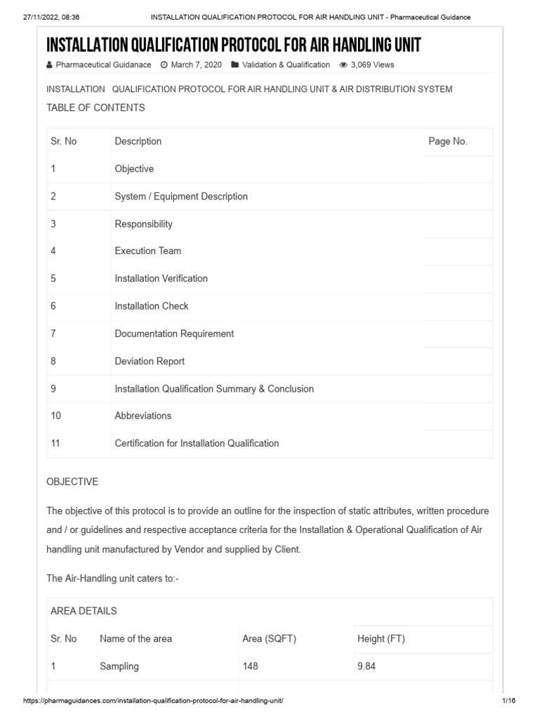AHU Installation Qualification Protocol | PDF | Verification And ...