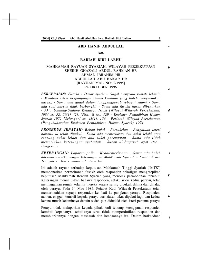 Abd Hanif Abdullah Lwn. Rabiah Bibi Labhu: PERCERAIAN: Fasakh - Darar Syarie - Gagal Menyedia ...