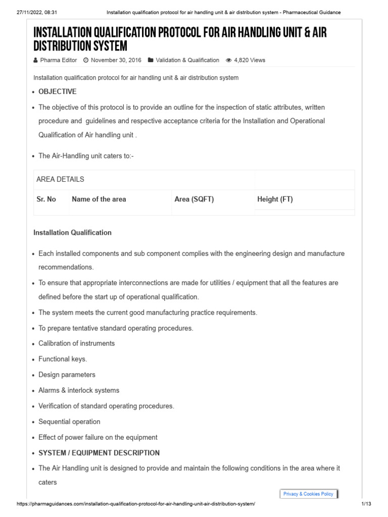 AHU Installation Qualification Guidelines | PDF | Verification And ...