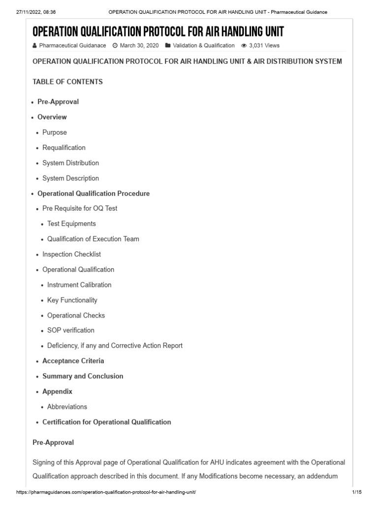 OPERATION QUALIFICATION PROTOCOL FOR AIR HANDLING UNIT - Pharmaceutical ...