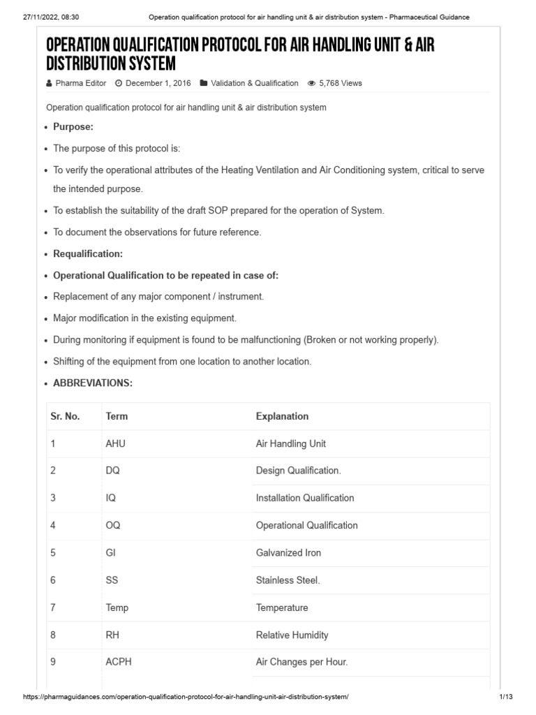Operation Qualification Protocol For Air Handling Unit & Air ...
