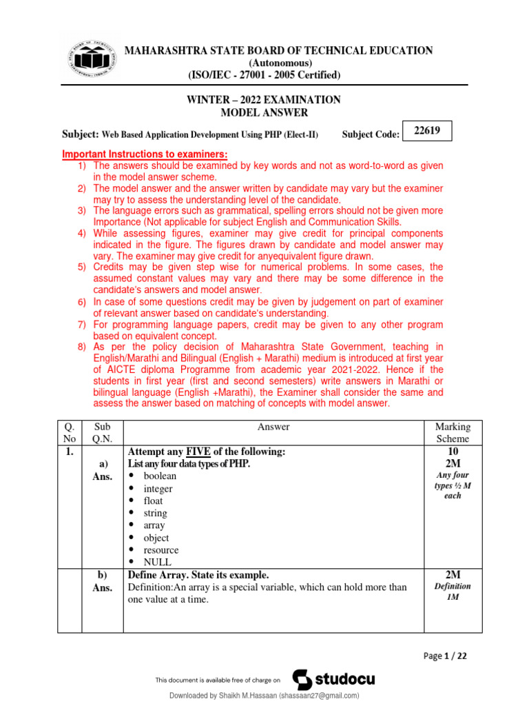 22619 PHP Model Answer Paper Winter 2022 | PDF | Class (Computer Programming) | Inheritance ...
