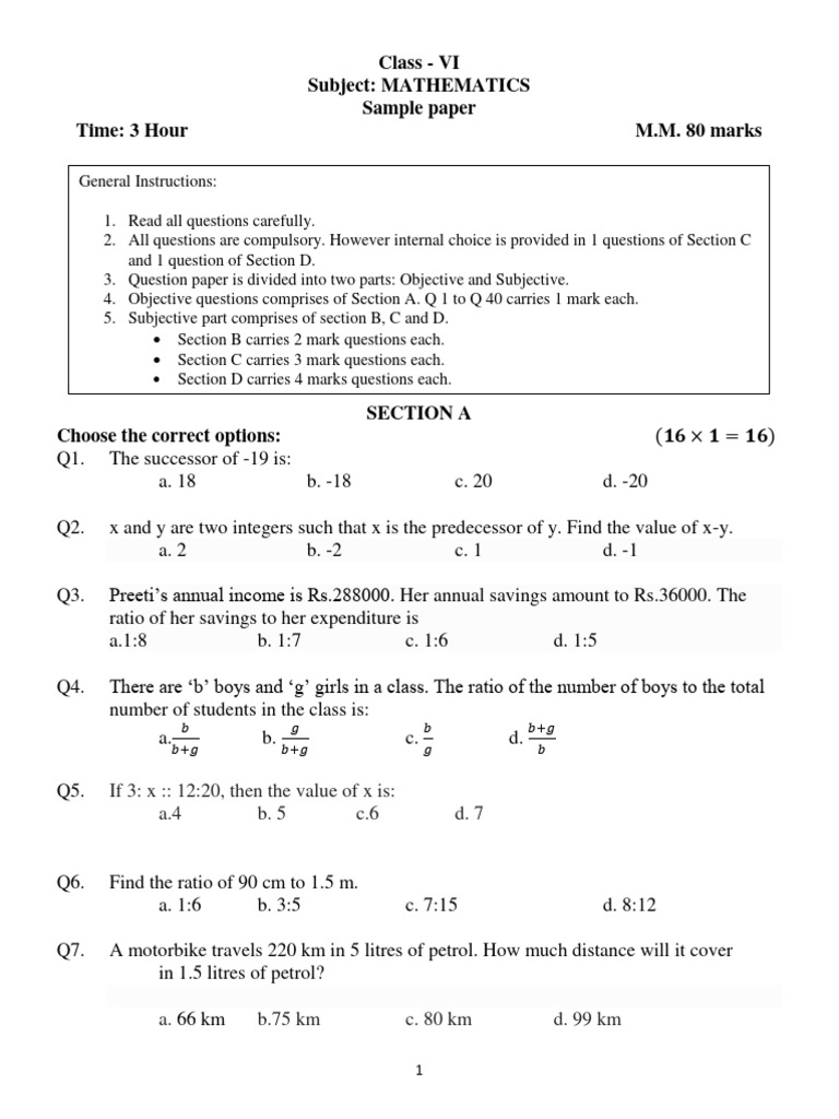 Maths Class6 2023-24 Sample Paper | PDF | Length | Numbers