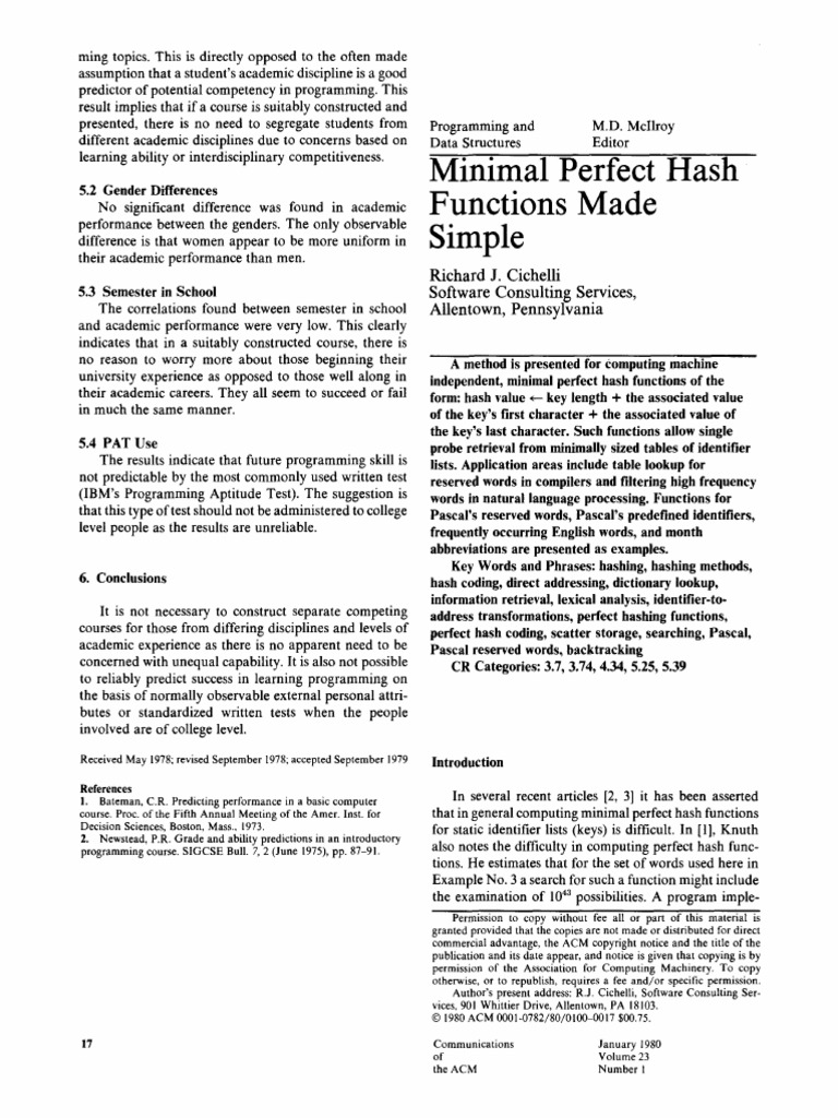 1980 - Minimal Perfect Hash Functions Made Simple (P17-Cichelli) | PDF